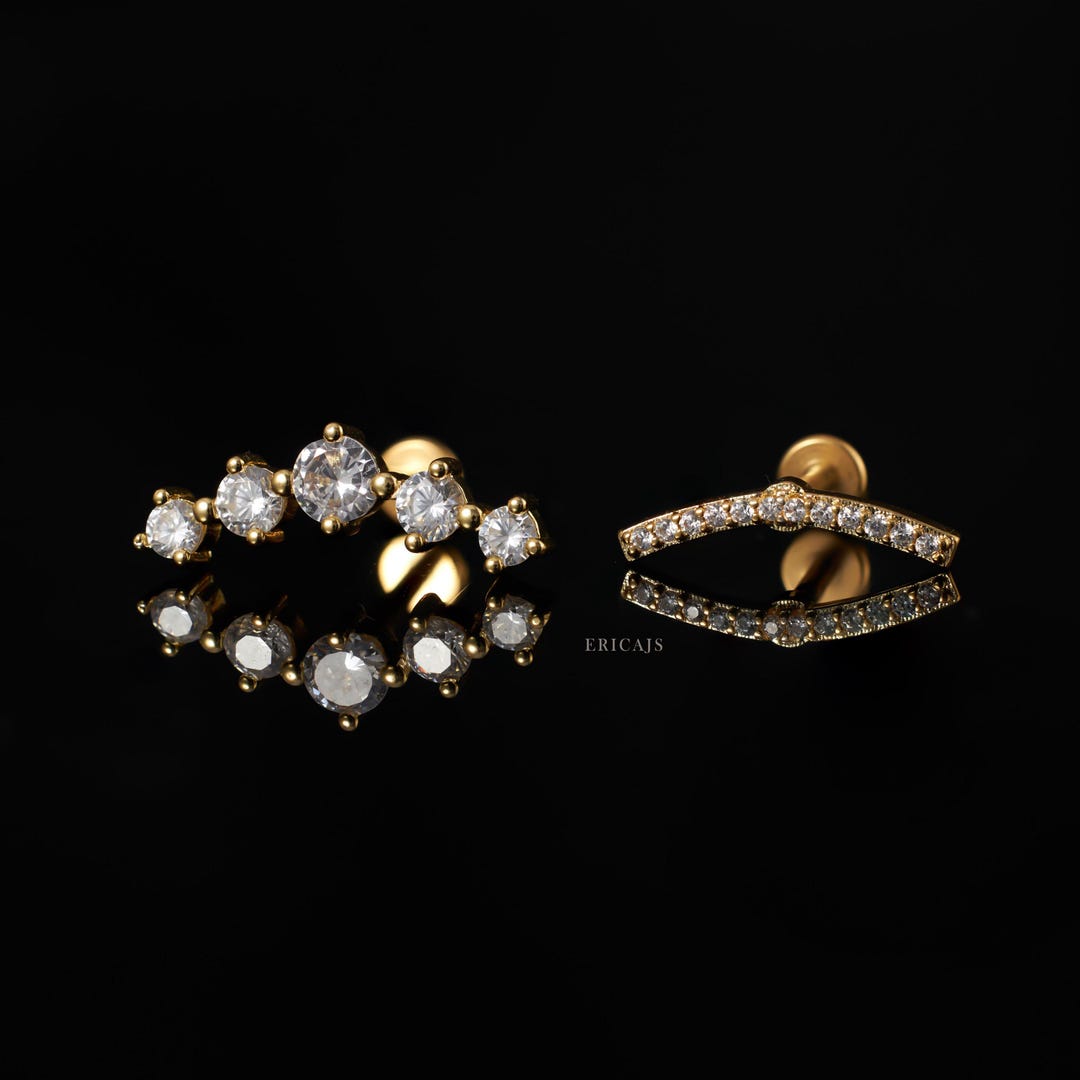 White Cz Cartilage Earrings - Curved Helix Earrings - Gold Conch Studs ...