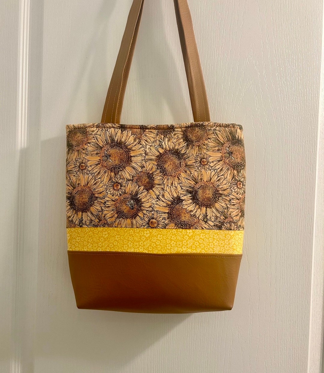 Golden Sunflower Purse With Vegan Leather, Floral Purse, Gold and Brown ...