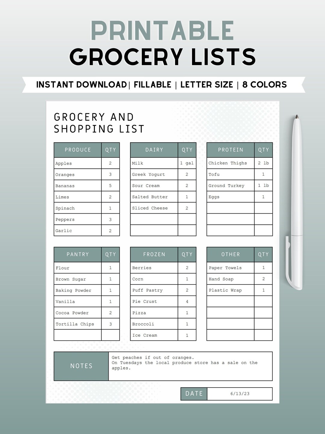 Printable and Fillable Grocery and Shopping List Template, Health ...