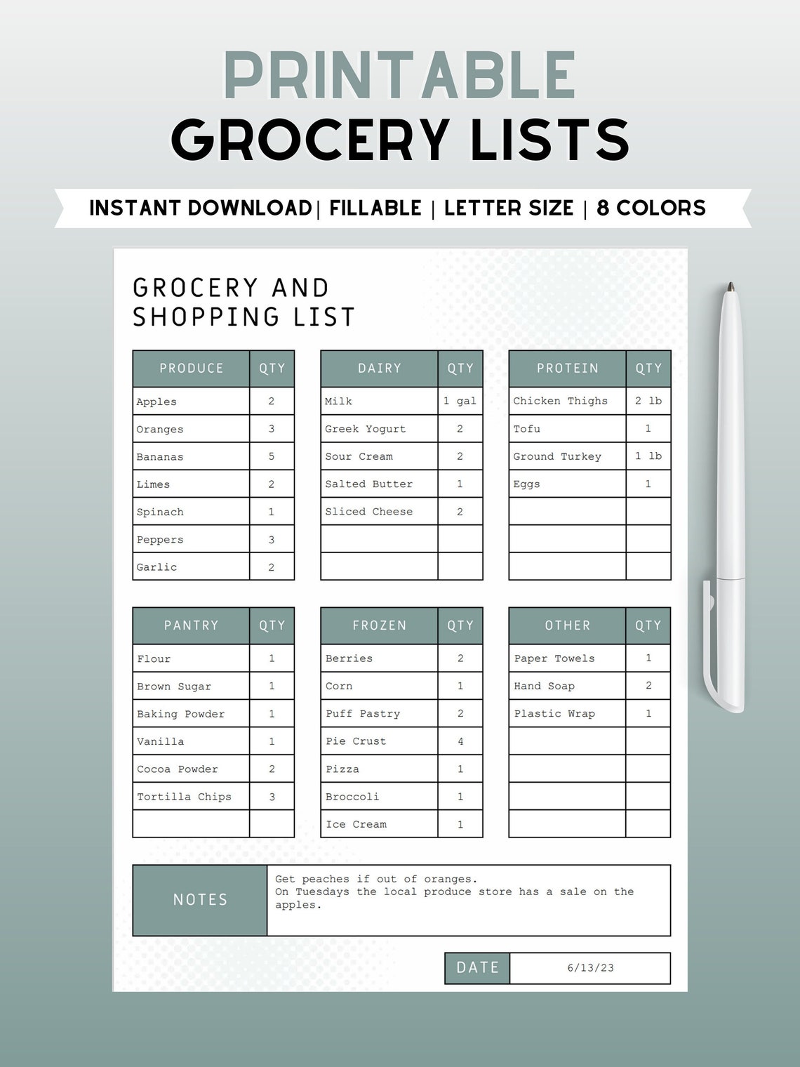 Printable and Fillable Grocery and Shopping List Template, Health ...