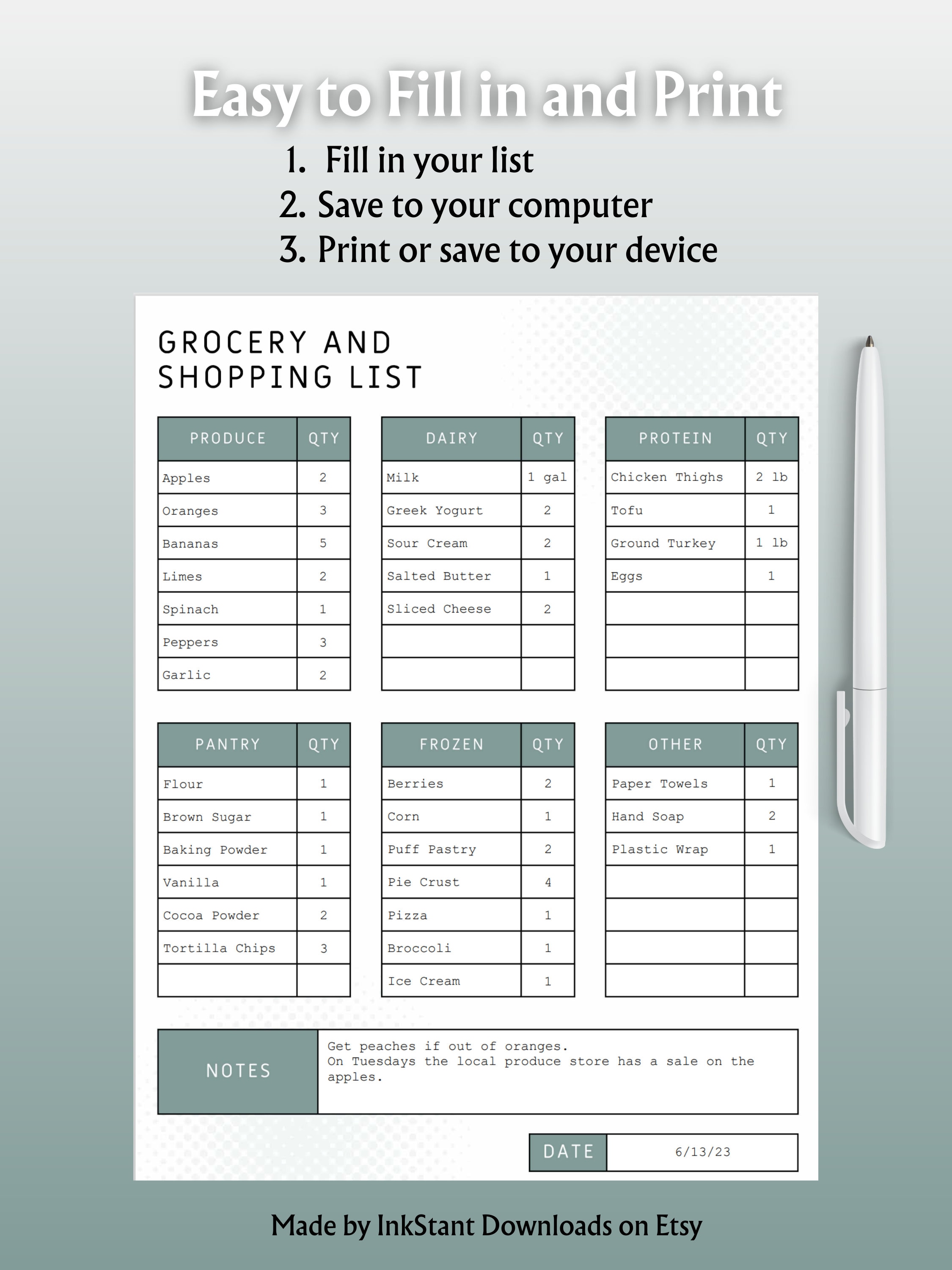 Printable and Fillable Grocery and Shopping List Template, Health ...