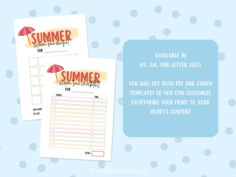 Summer Screen Time Checklist and Bingo, Printable, PDF, Editable, Canva ...