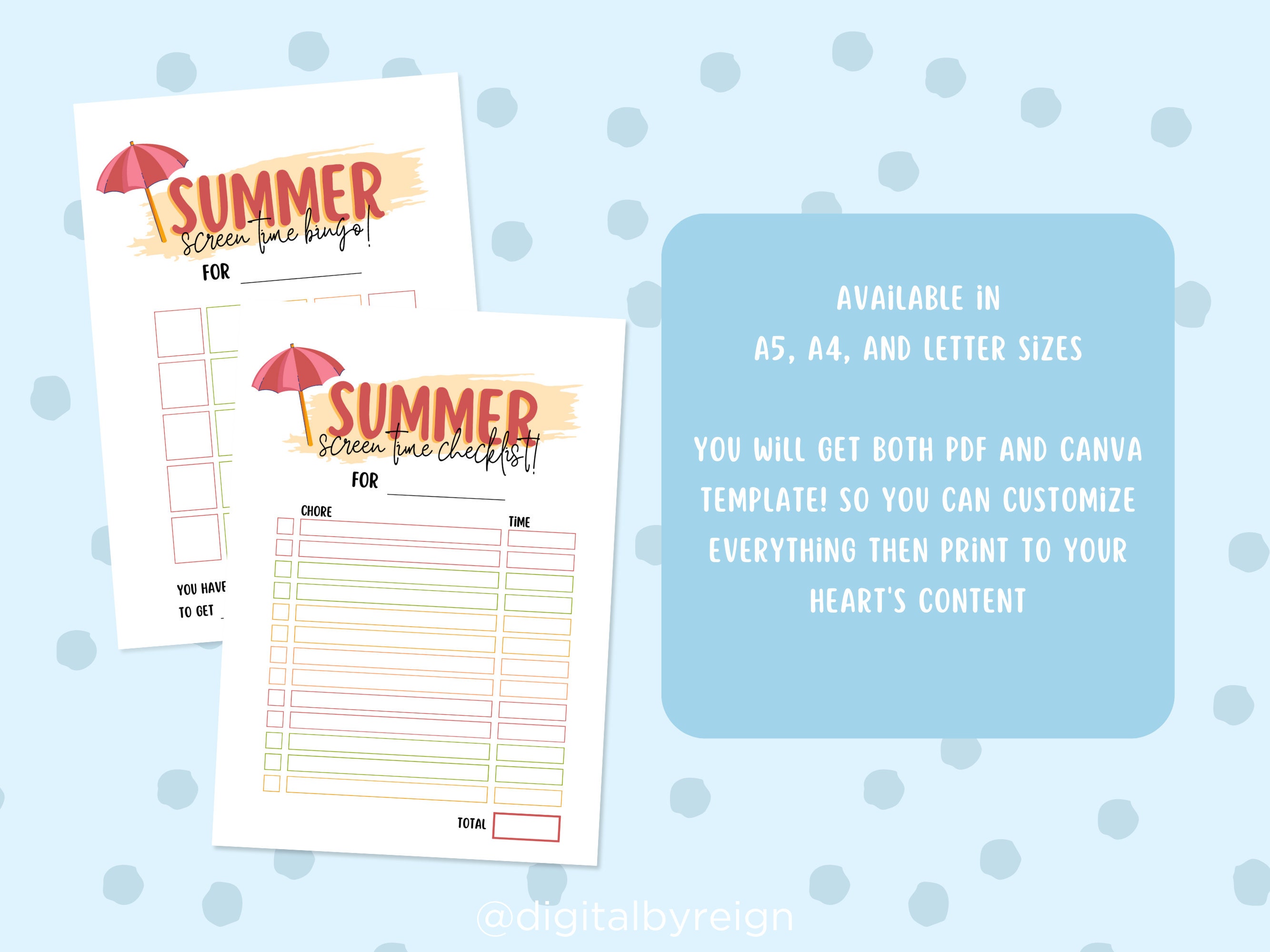 Summer Screen Time Checklist and Bingo, Printable, PDF, Editable, Canva ...
