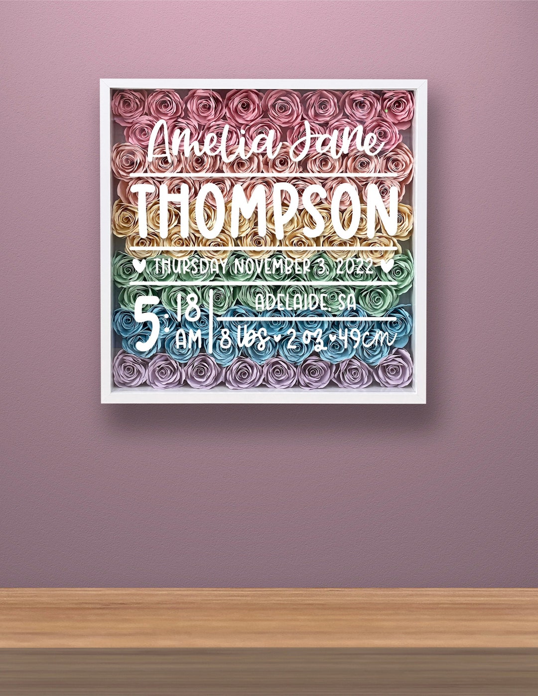 Rainbow Baby Birth Details Paper Flower Shadow Box Pastel Realistic ...