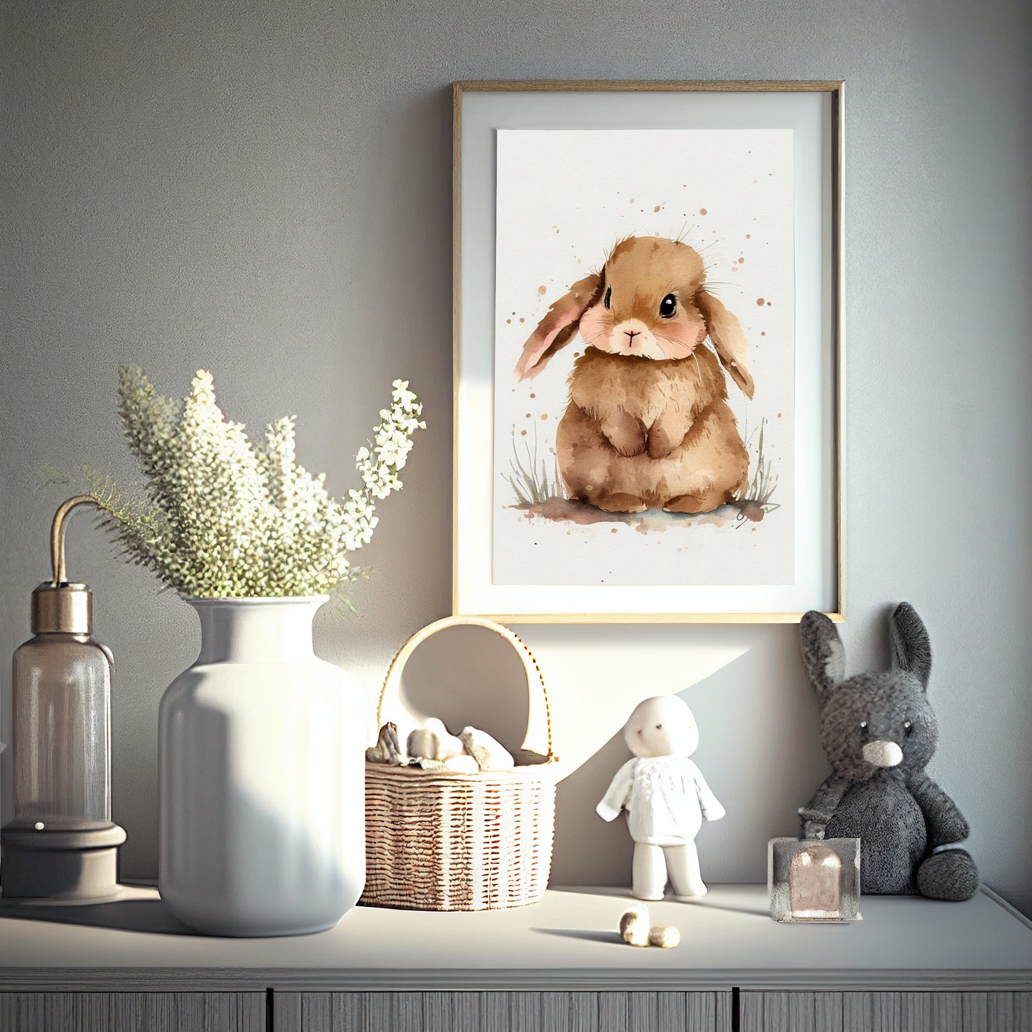 Bunny Rabbit Watercolor Poster Wall Art, Cute Nursery Wall Decor Art ...