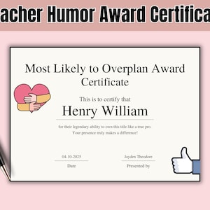 100 Funny Teachers Award Certificates Editable in Canva, Funny Award ...