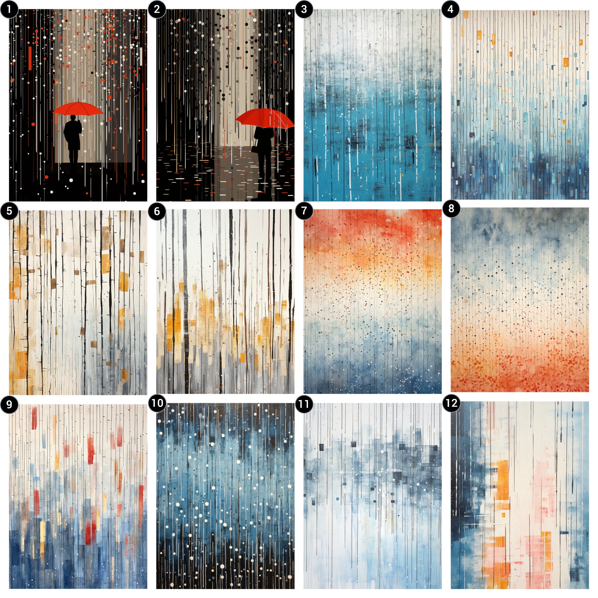 Rain Watercolor Print Set of 12 - Instant Downloadable Abstract Art ...
