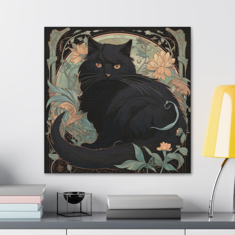 Mucha Black Cat Print - Etsy