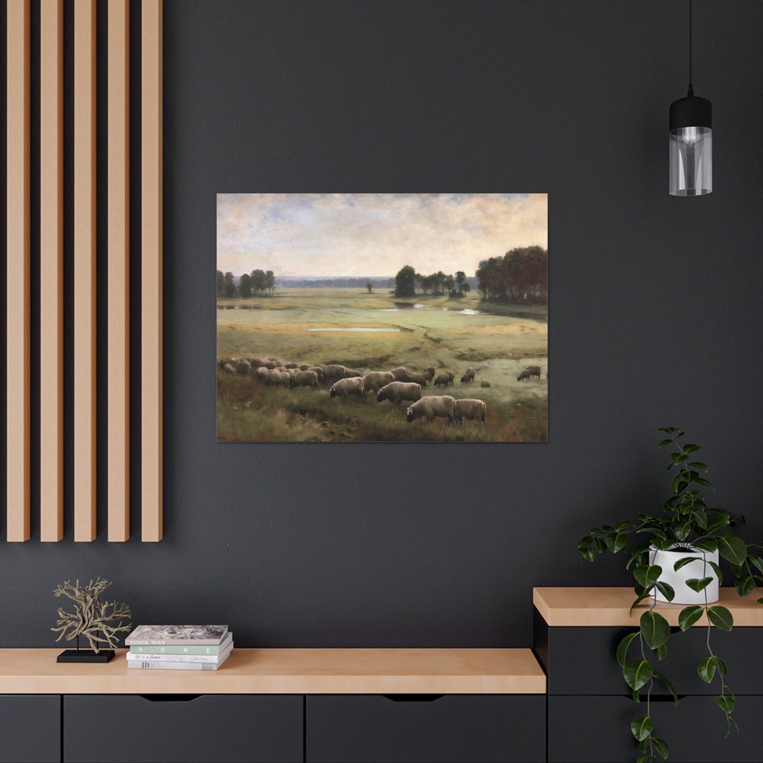Sheep Art Print Painting Vintage Oil Painting Lambs in Field Meadow ...