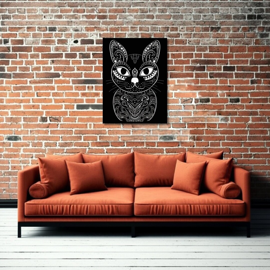 Boho Cat Print Wall Art, Black and White Line Art, Abstract Mandala Cat ...