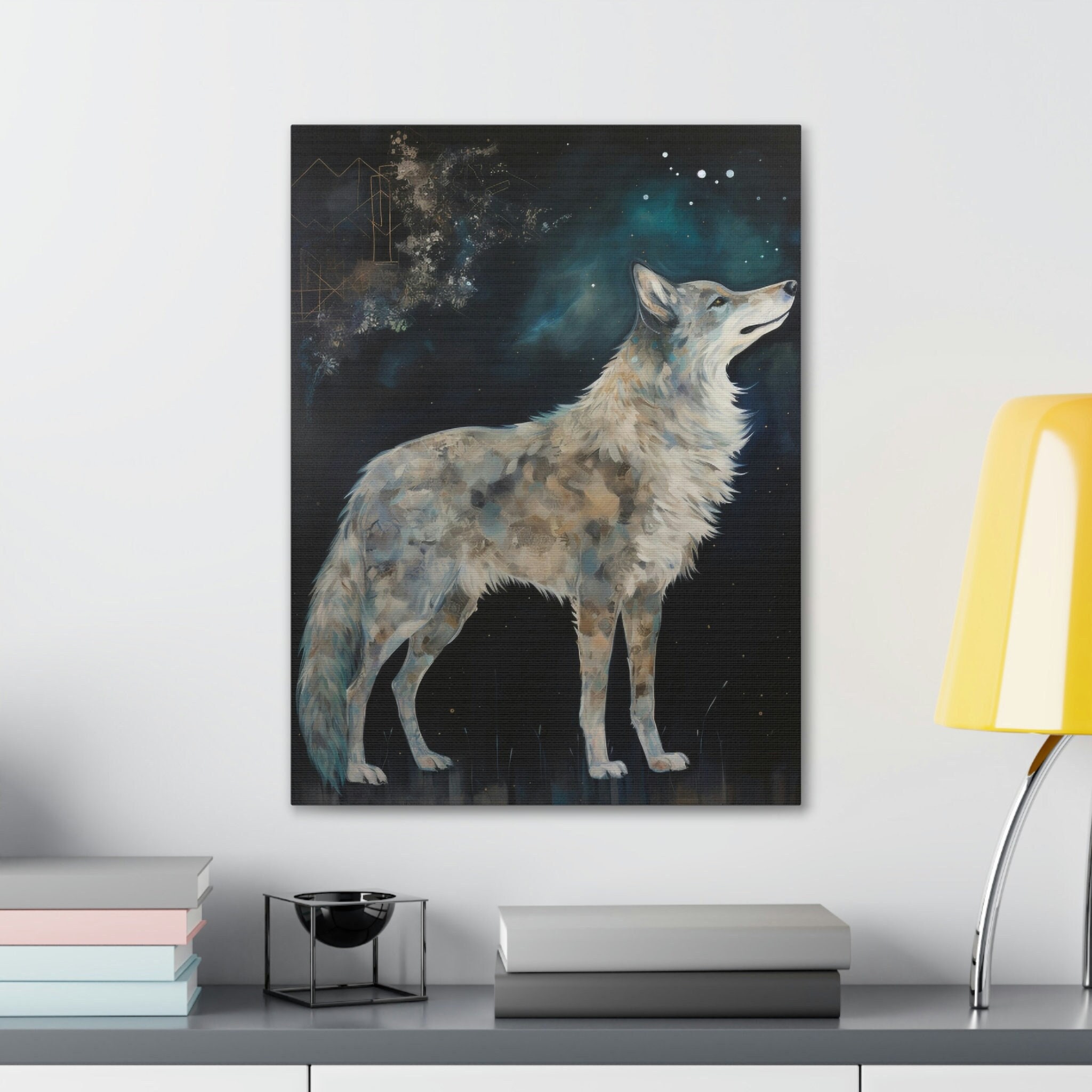 White Wolf Painting, Arctic Wolf Canvas Print, Polar Stars Celestial ...