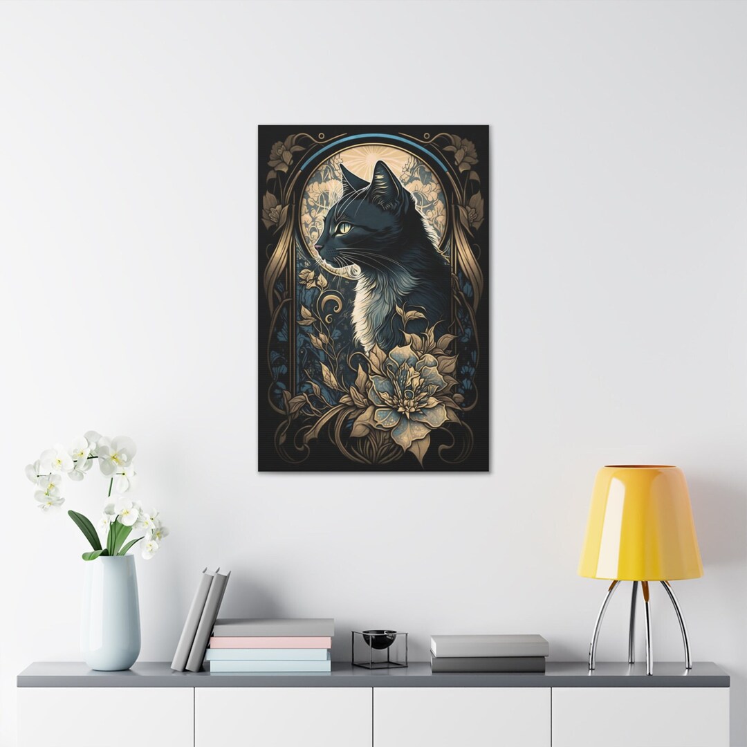 Tuxedo Cat Wall Art Print, Alphonse Mucha Cat Artwork, William Morris ...