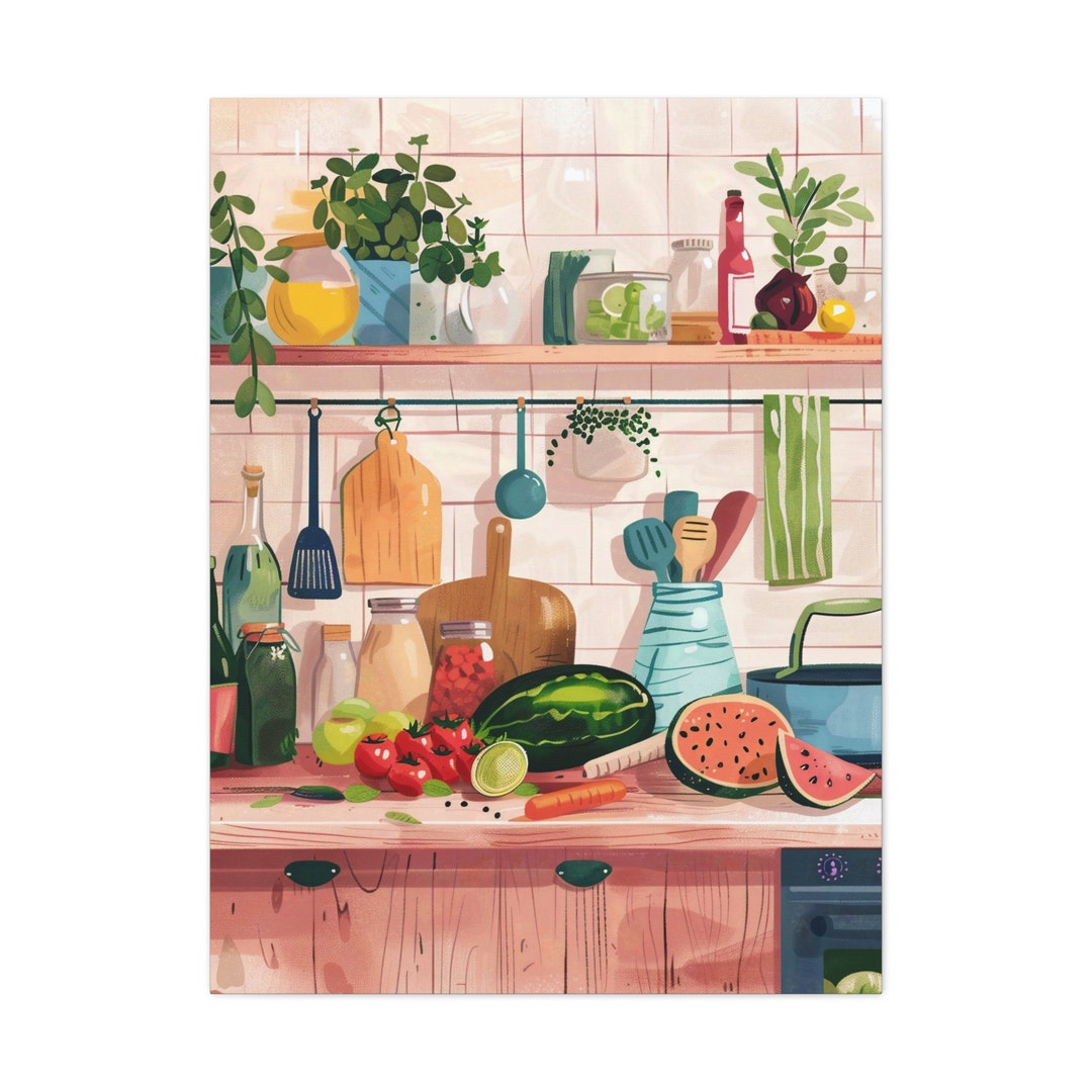 Colorful Kitchen Print, Boho Kitchen Wall Art, Food Watercolor Painting ...