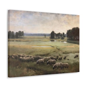Sheep Art Print Painting Vintage Oil Painting Lambs in Field Meadow ...