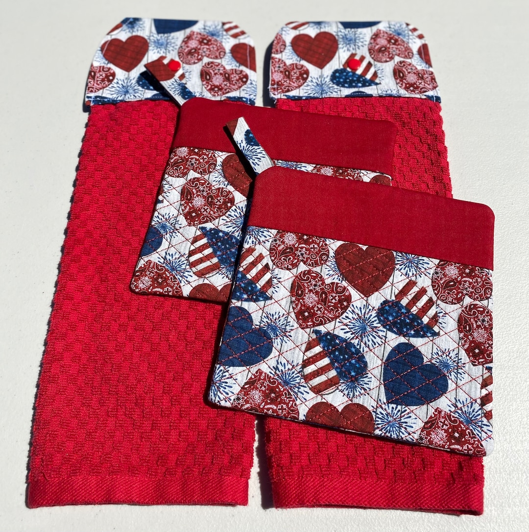 Red, White, Blue Hearts Hanging Kitchen Towels and Matching Potholders ...