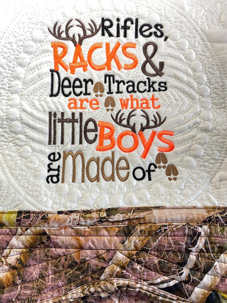 Hunting Theme Baby Quilt, Rifles and Racks Cute Phrase Embroidered on ...