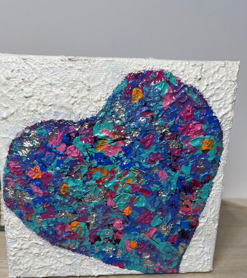 Hand Painted Heart Canvas Art: Multi-colored With Metallic Silver (6" X ...