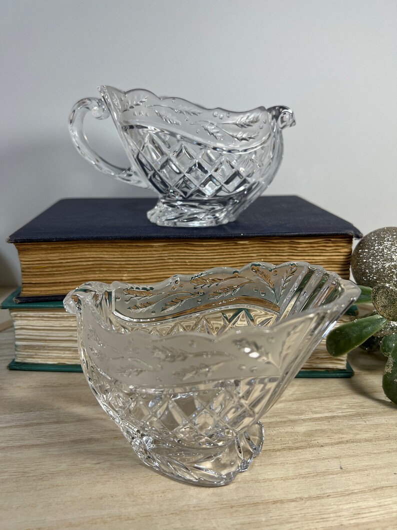 Vintage Gorham Lead Crystal Sleigh: Holly Berry Sugar Dish and Creamer ...