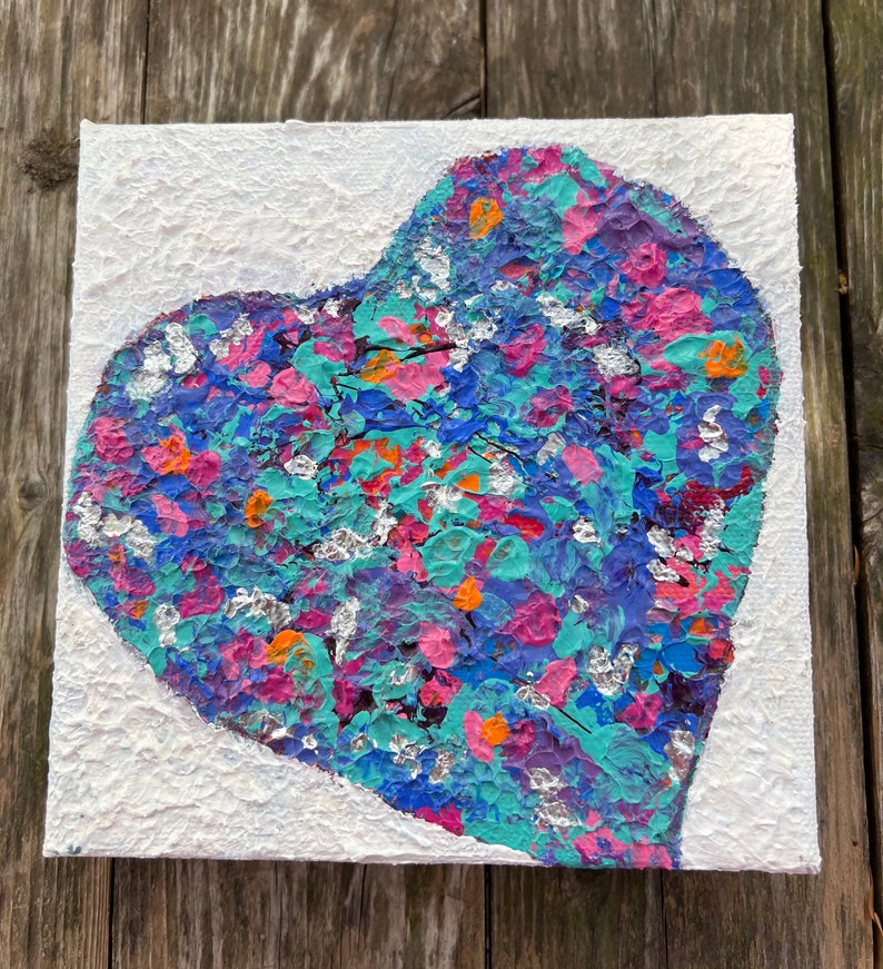 Hand Painted Heart Canvas Art: Multi-colored With Metallic Silver (6" X ...