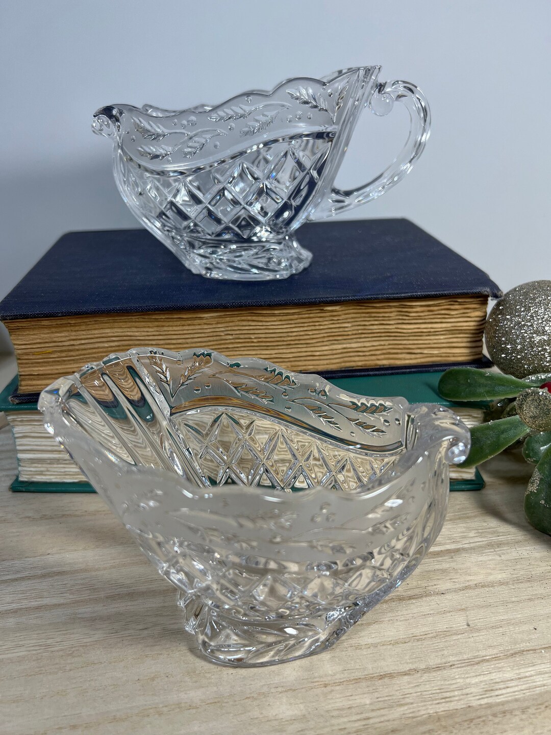 Vintage Gorham Lead Crystal Sleigh: Holly Berry Sugar Dish and Creamer ...