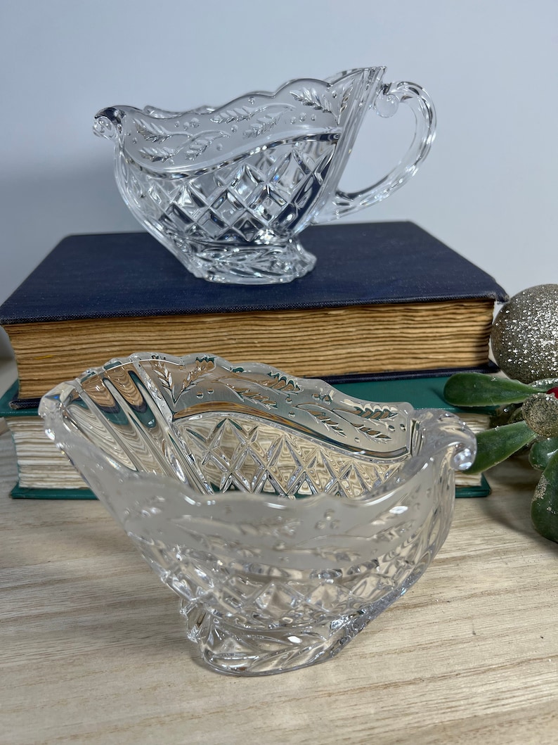 Vintage Gorham Lead Crystal Sleigh: Holly Berry Sugar Dish and Creamer ...