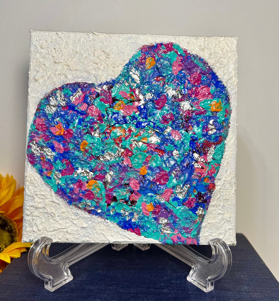 Hand Painted Heart Canvas Art: Multi-colored With Metallic Silver (6" X ...