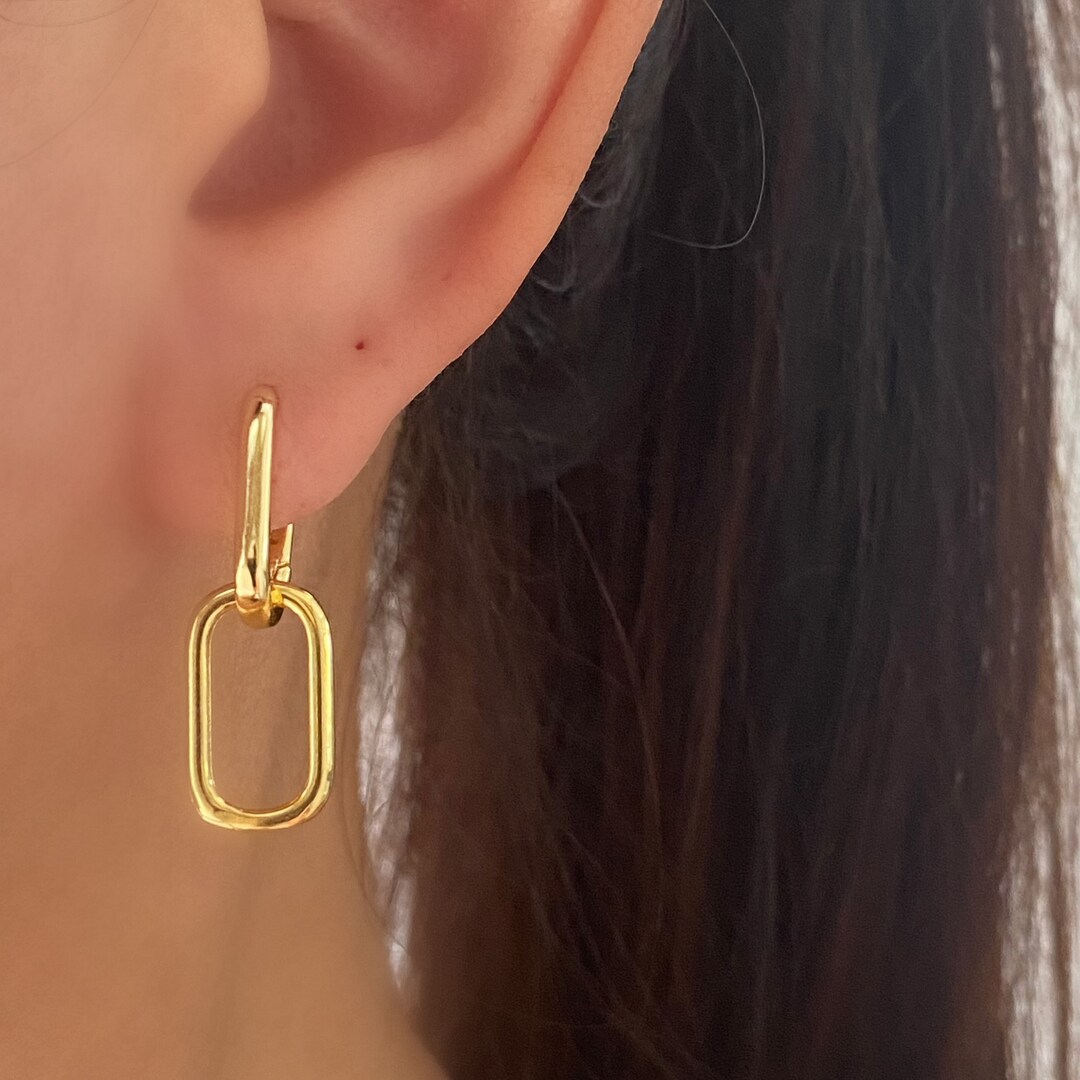 Link Earring, Double Square Gold Silver Hoop Earrings, Everyday Hoops ...