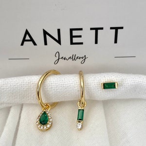 Emerald Green Dangle Earrings, Ear Stacks, 925 Sterling Silver Drop ...