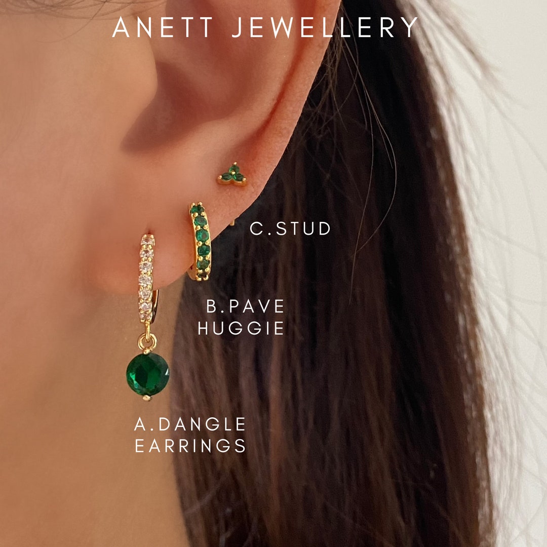 Green Dangle Earrings Set, Gift for Her, Emerald Cubic Huggie, Green ...