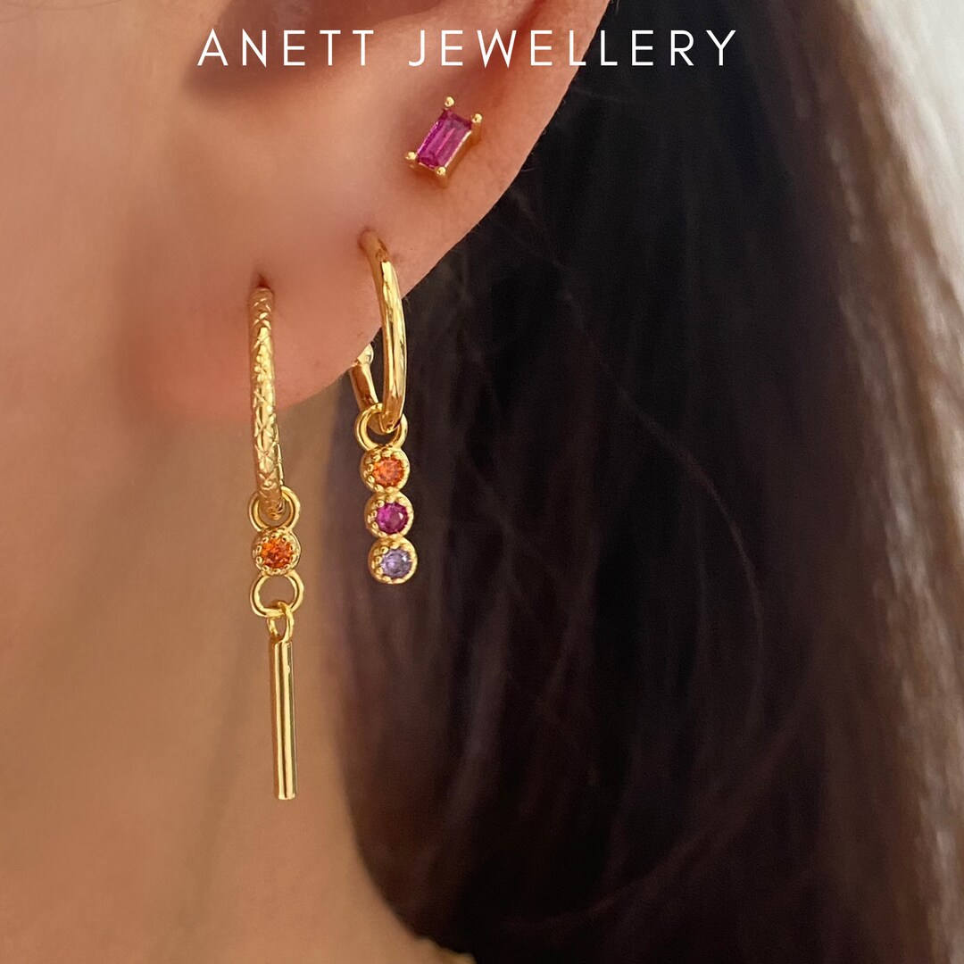 Dangly Gold Pink Ear Stack, 925 Sterling Silver 18k Gold Plated ...