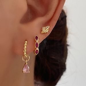 Pink Marquise Gold Hoop Earring Set, 3 Pairs Earring Set, Pink Teardrop ...