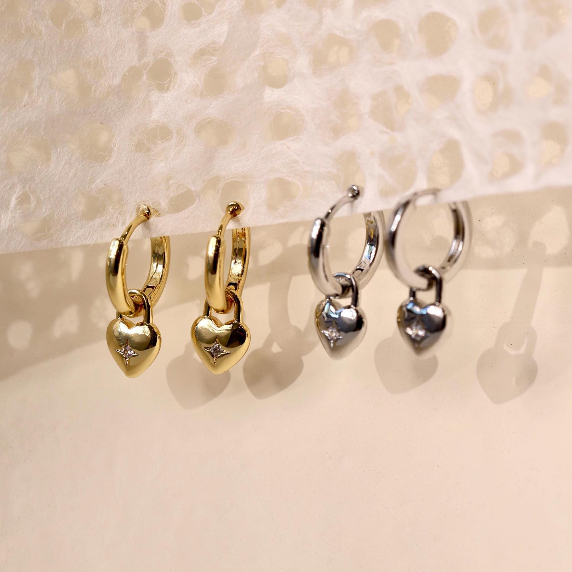 Gold Hoop Dangle Earrings Set – Heart Charm Dangle, 3 Pairs Stackable ...