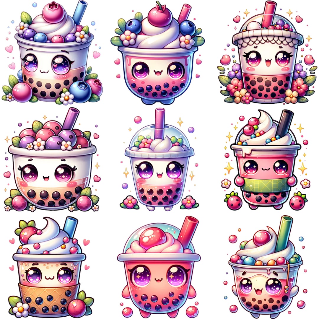 20 Stickers Clipart, Bobatea, Boba Tea Clipart, Pink Boba Tea Clipart ...
