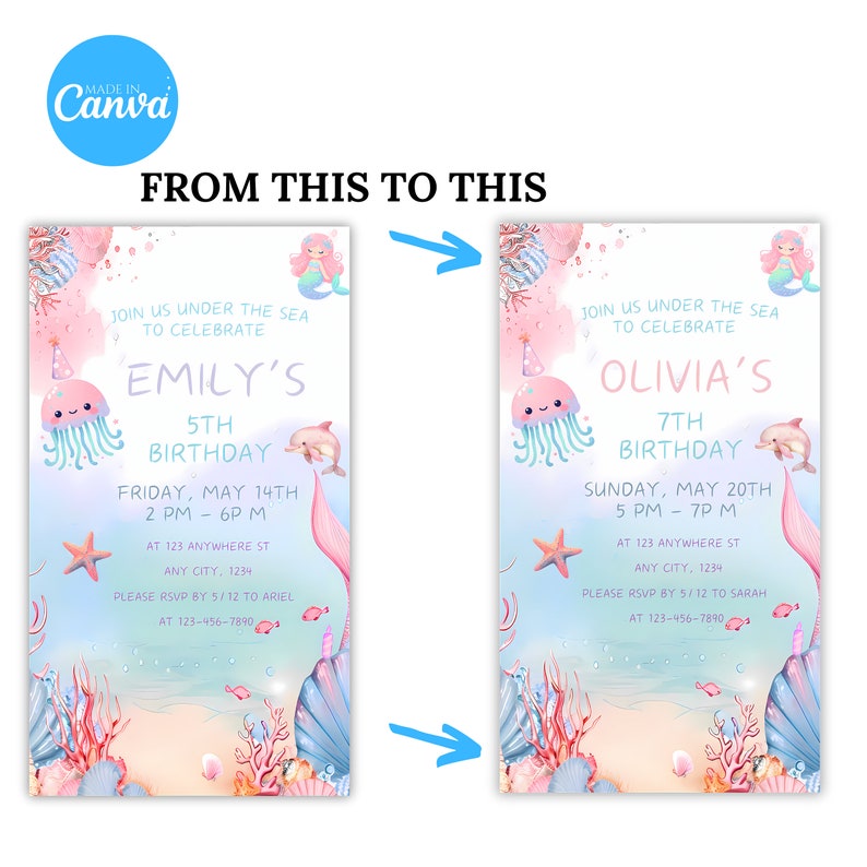 Editable Mermaid Birthday Invitation Under the Sea Birthday Invite ...