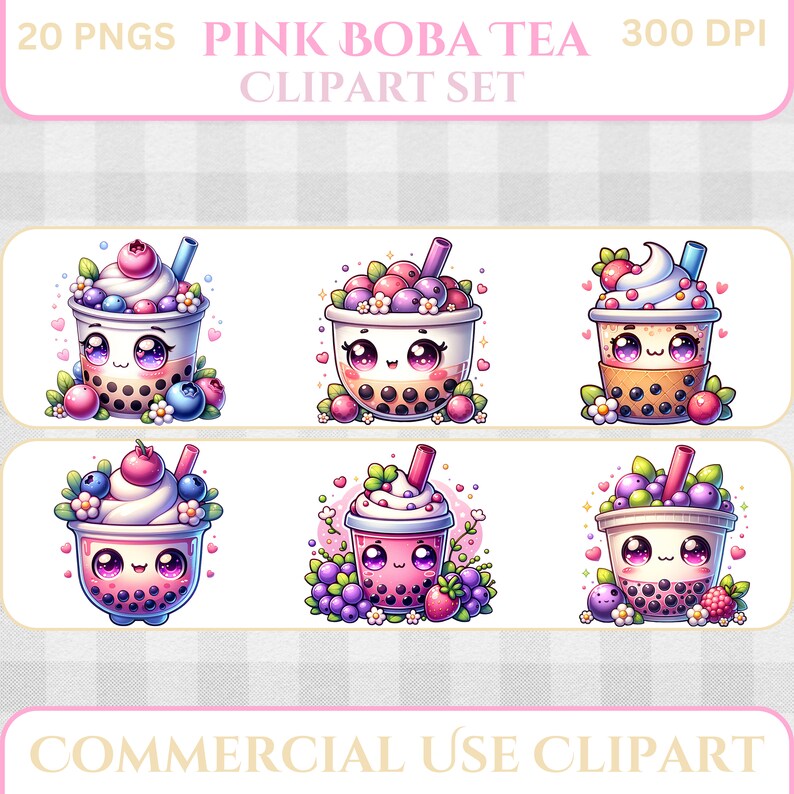 20 Stickers Clipart, Bobatea, Boba Tea Clipart, Pink Boba Tea Clipart ...