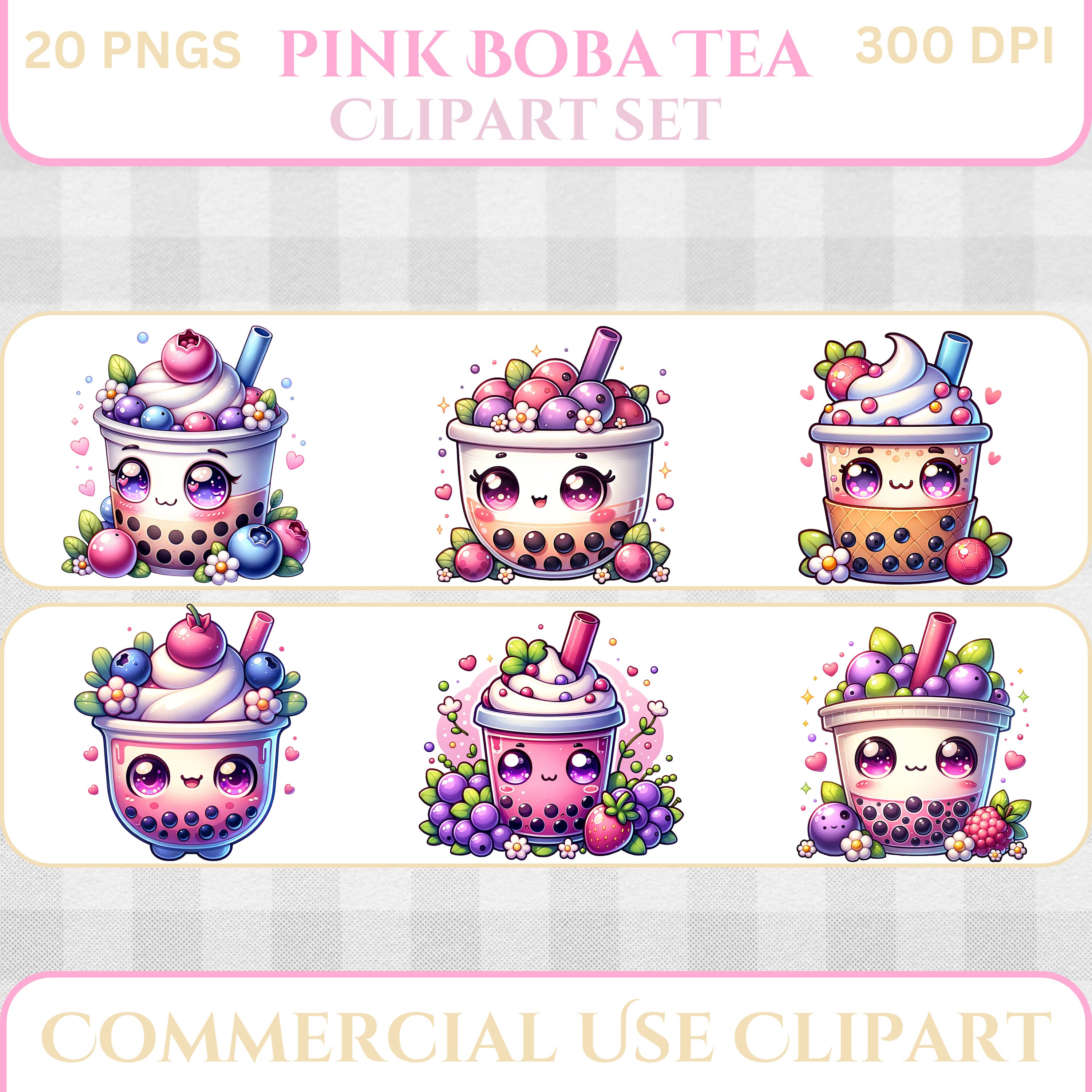 20 Stickers Clipart, Bobatea, Boba Tea Clipart, Pink Boba Tea Clipart ...