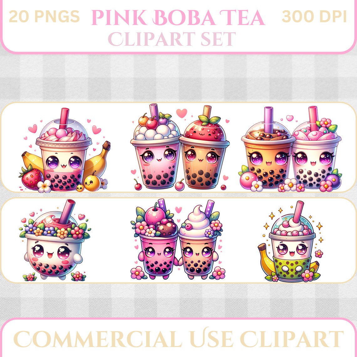20 Stickers Clipart, Bobatea, Boba Tea Clipart, Pink Boba Tea Clipart ...