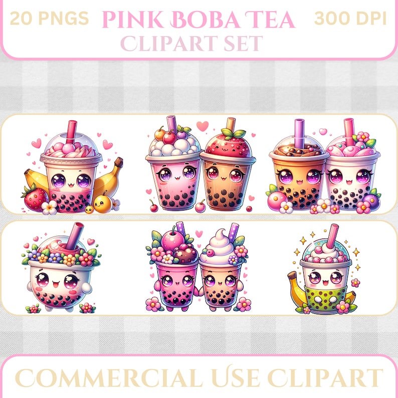 20 Stickers Clipart, Bobatea, Boba Tea Clipart, Pink Boba Tea Clipart ...