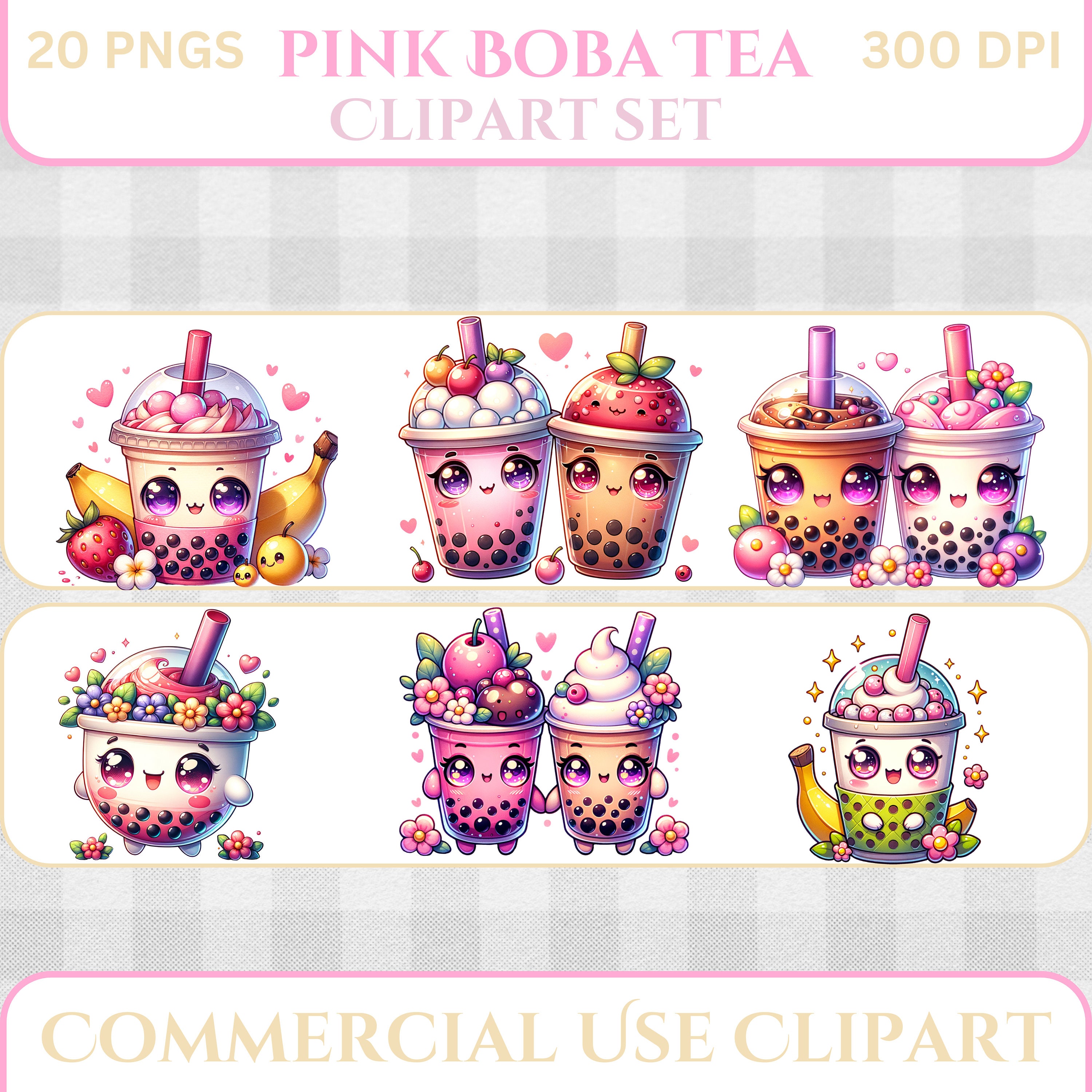 20 Stickers Clipart, Bobatea, Boba Tea Clipart, Pink Boba Tea Clipart ...