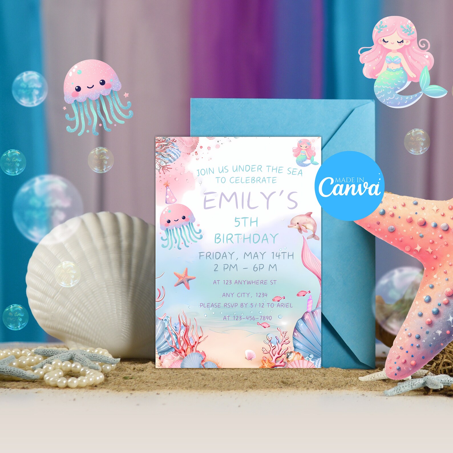 Editable Mermaid Birthday Invitation Under the Sea Birthday Invite ...