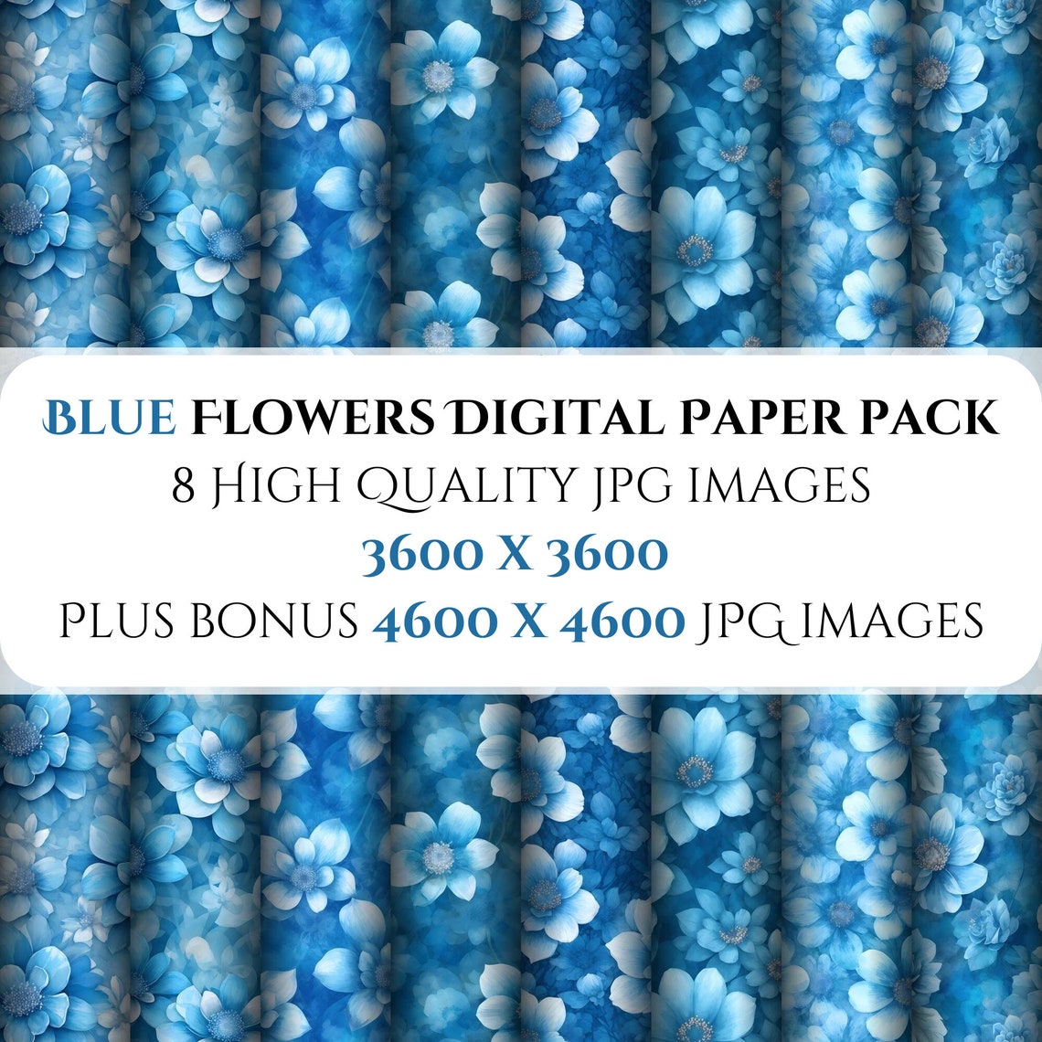 Blue Digital Flowers Pack, Flowers Digital Paper, Watercolor Flower ...