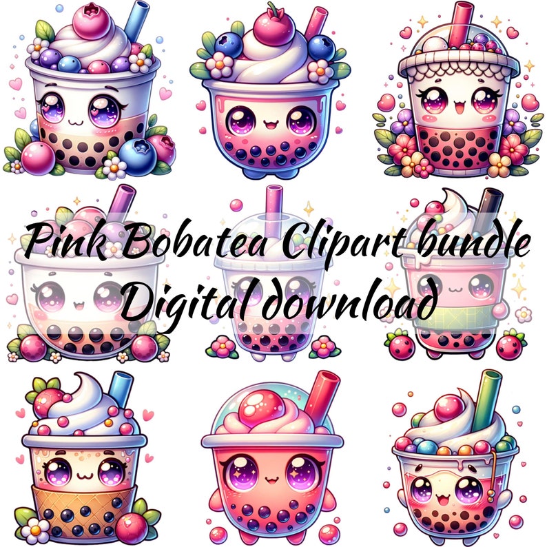 20 Stickers Clipart, Bobatea, Boba Tea Clipart, Pink Boba Tea Clipart ...