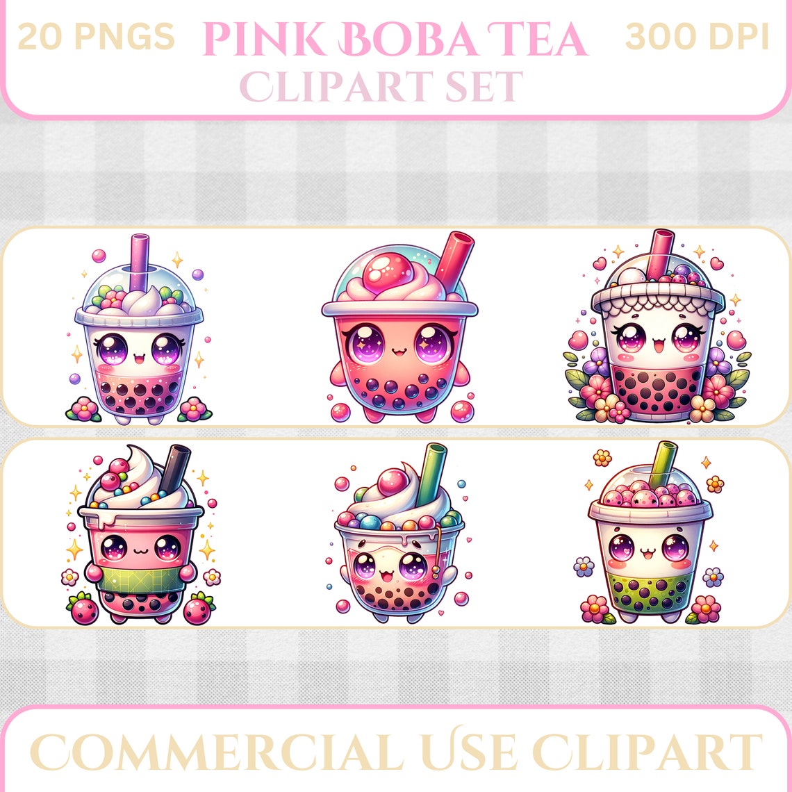 20 Stickers Clipart, Bobatea, Boba Tea Clipart, Pink Boba Tea Clipart ...