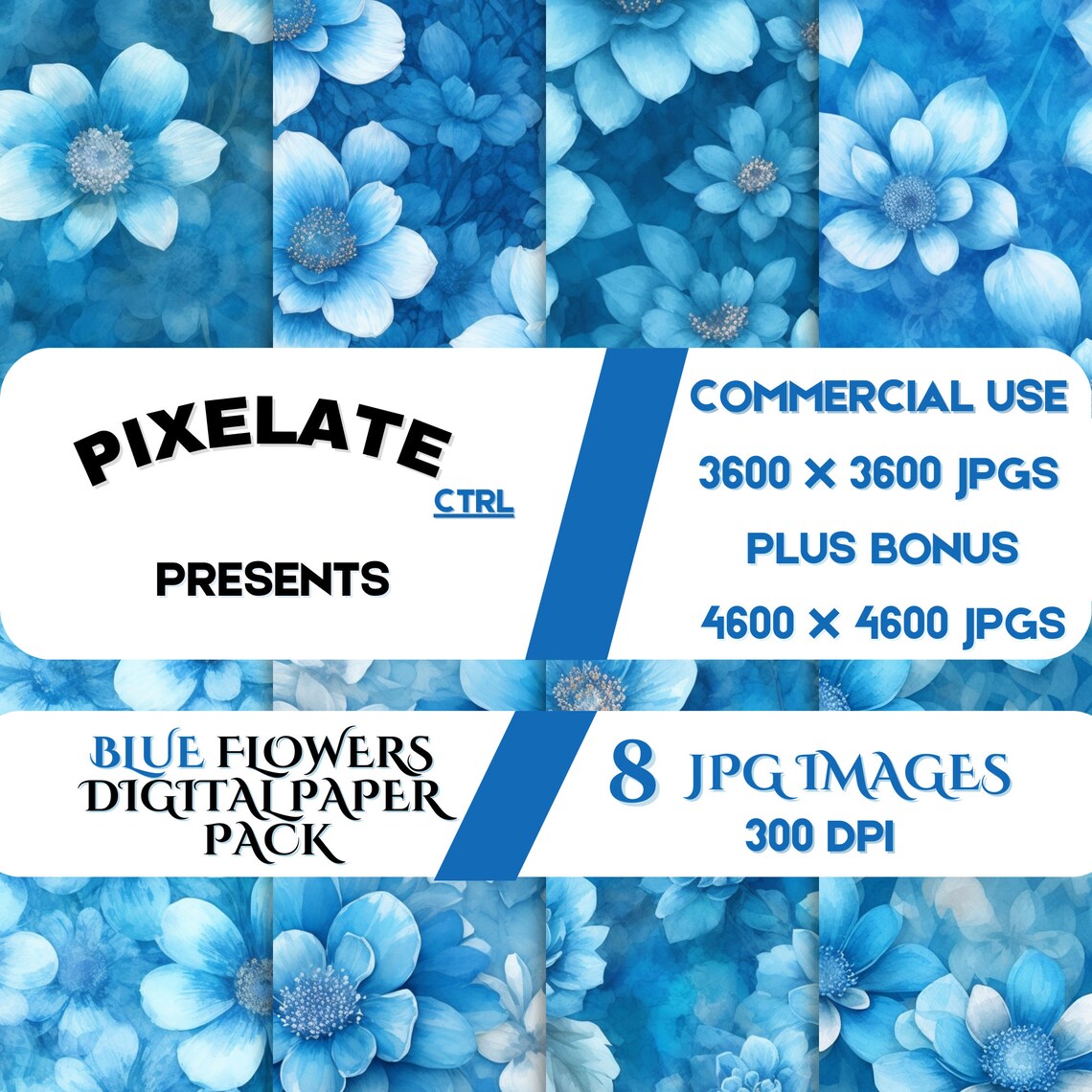 Blue Digital Flowers Pack, Flowers Digital Paper, Watercolor Flower ...