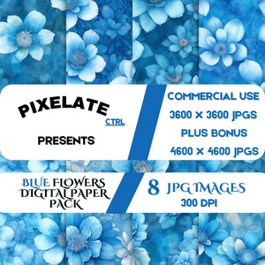 Blue Digital Flowers Pack, Flowers Digital Paper, Watercolor Flower ...