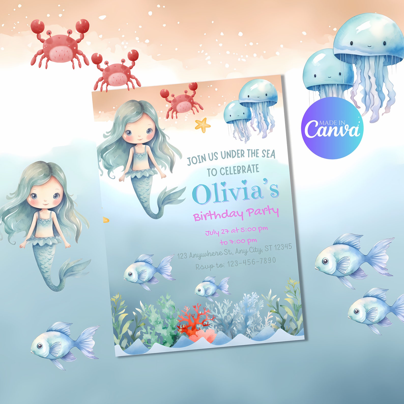 Editable Mermaid Birthday Invitation Under the Sea Birthday Invite ...