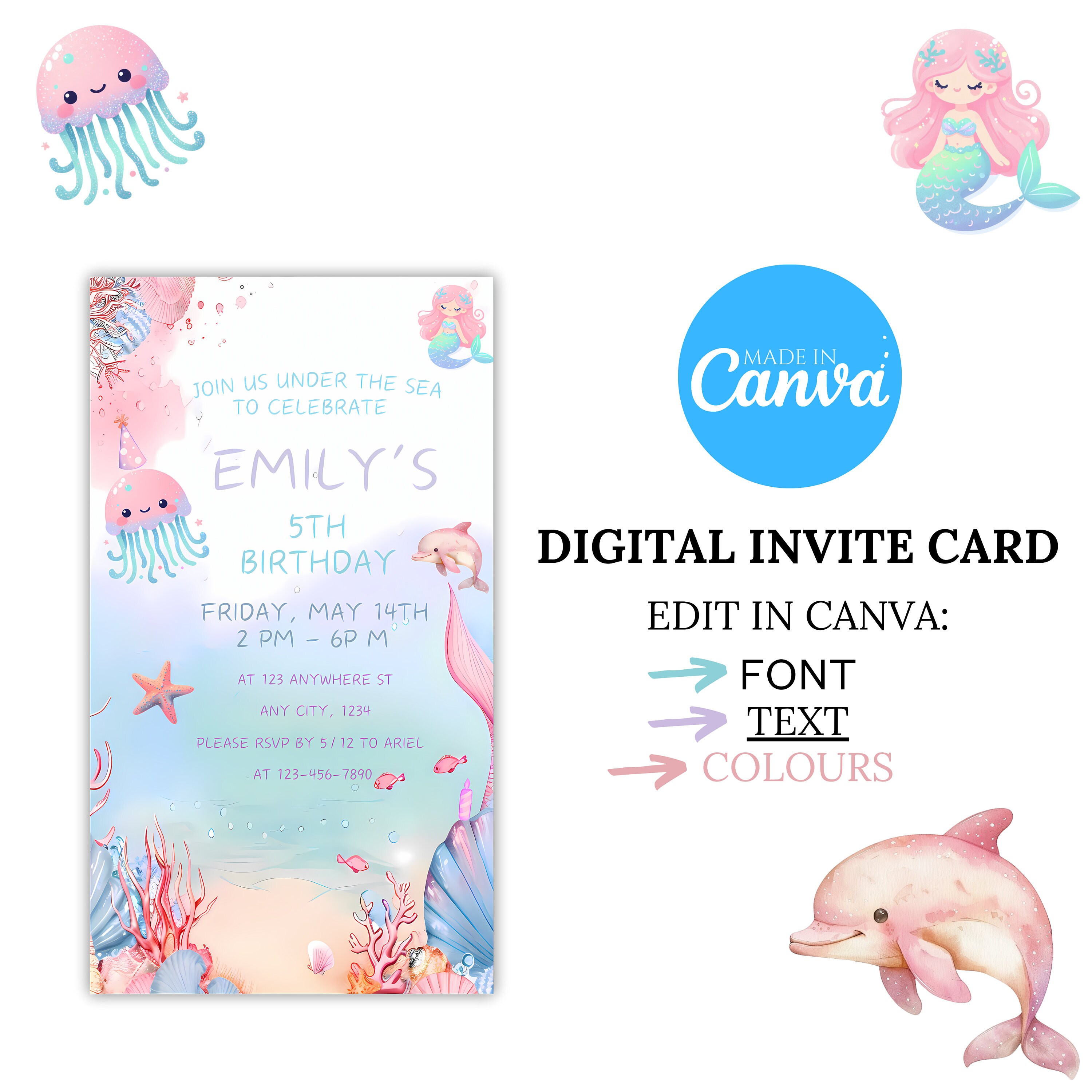 Editable Mermaid Birthday Invitation Under the Sea Birthday Invite ...