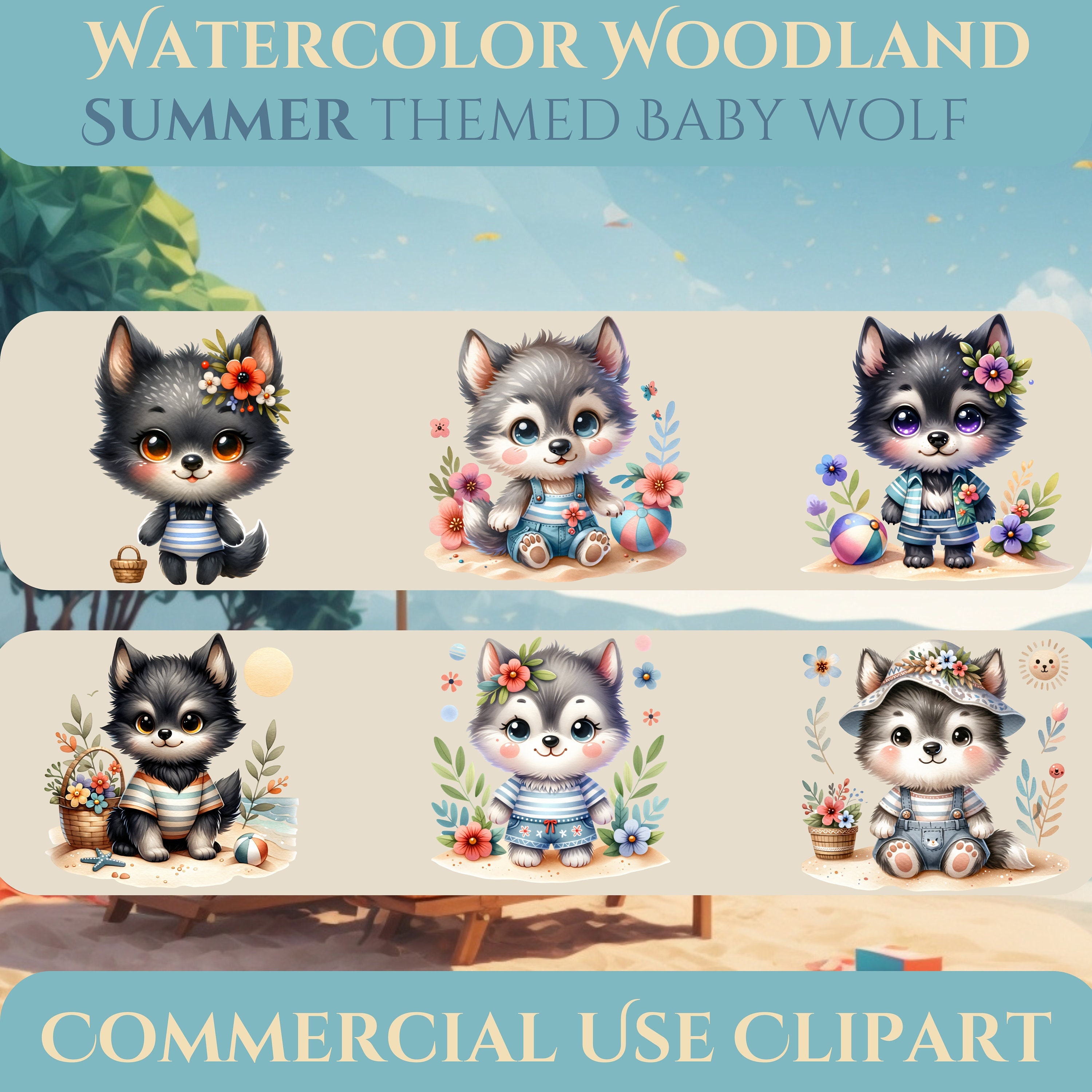 Summer Woodland Animals Clipart Baby Wolf Bundle, Nursery, Animal ...