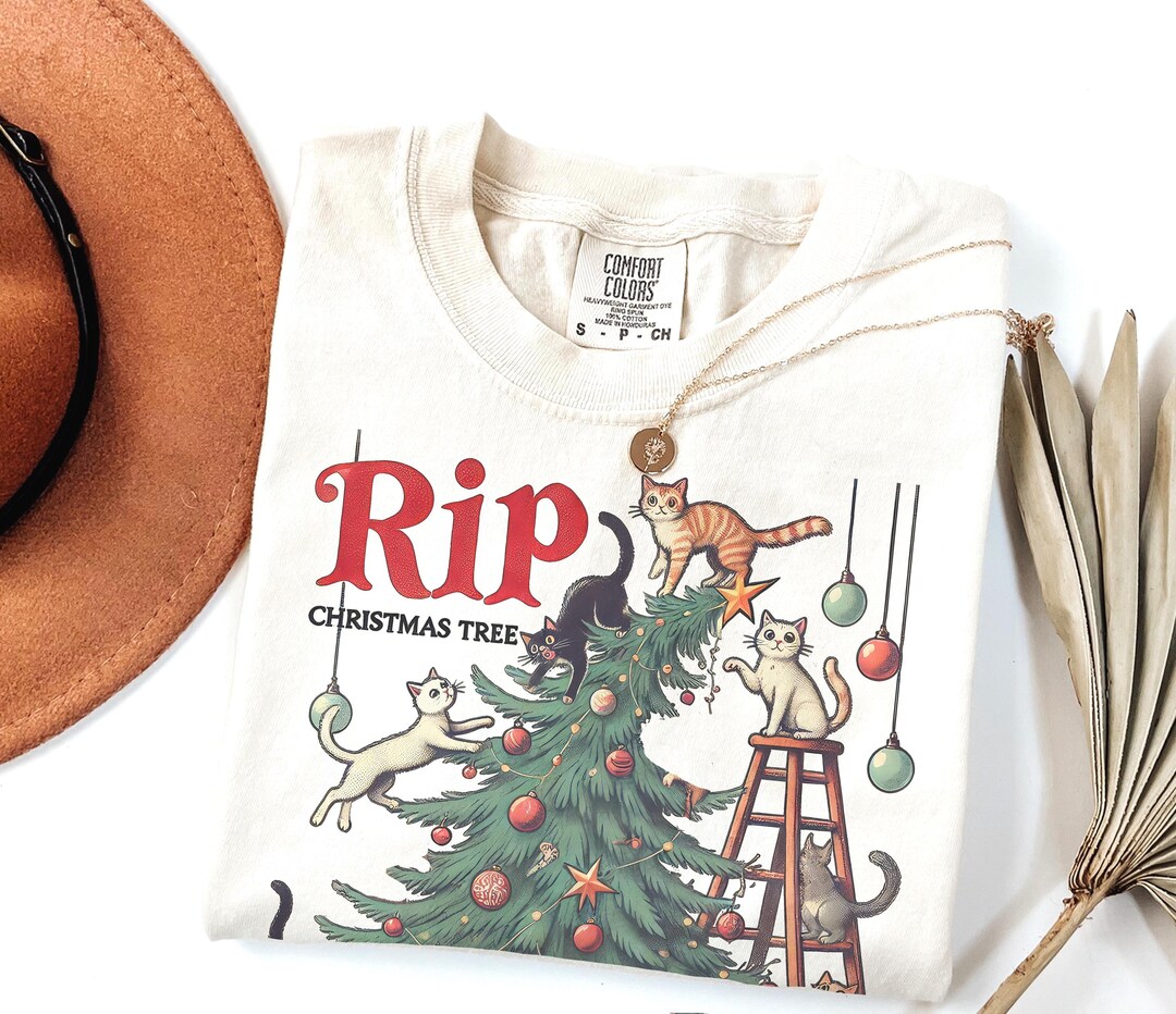 RIP Christmas Tree Cat Comfort Colors® Shirt, Funny Cat Christmas Tee ...