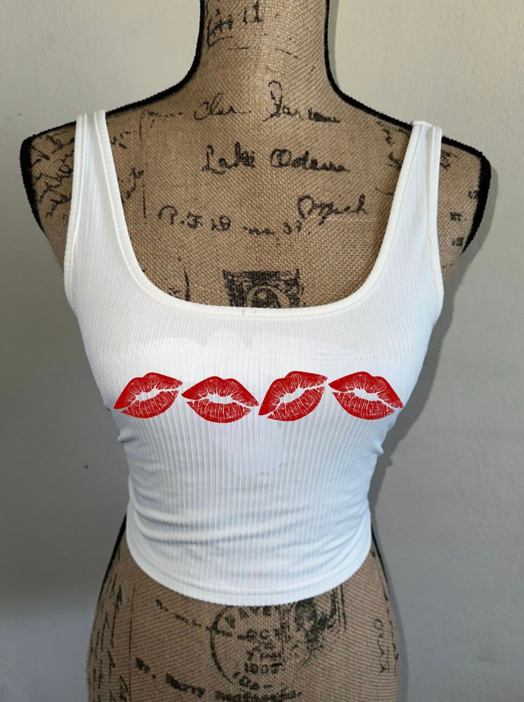 Lips Print White Crop Tank Top - Valentine's Day Kisses Outfit - Etsy
